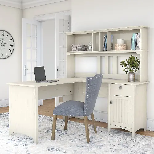 Bush furniture salinas 60w l shaped desk with hutch in antique white store