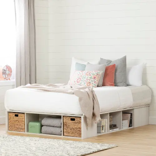 Lilak Winter Oak White Queen Storage Bed with Baskets South Shore
