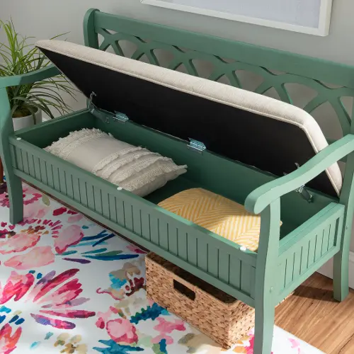 Winslett Teal Fabric Wood Lift Top Storage Bench Style 13W01