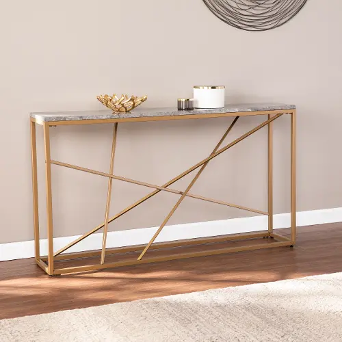 Arendal Faux Marble Gold Skinny Console Table RC Willey